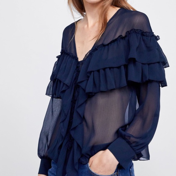 Zara | Tops | Zara Navy Blue Ruffled Blouse | Poshmark